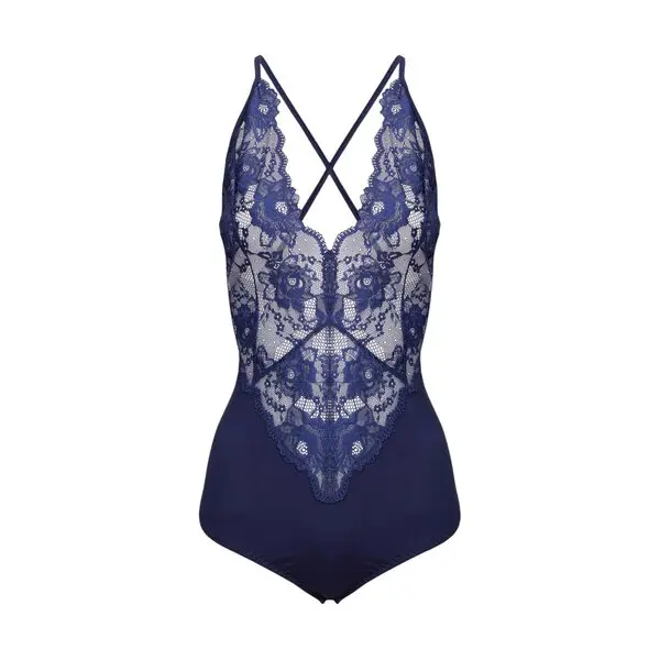 OH!ZUZA NIGHT&DAY Navy Bodysuit Soft Viscose & Delicate Lace - Blue