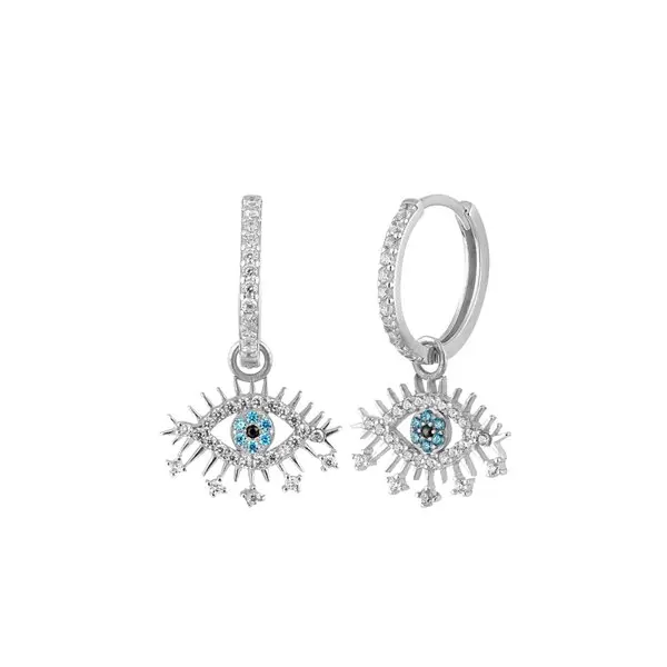 SPERO LONDON Evil Eye Earring Blue Eye Eyelash Pave Sterling Earring - Silver