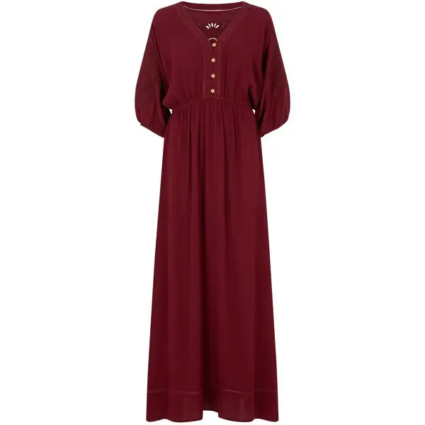 RAFFYA Somerton Kaftan Style Embroide Maxi Dress In Burgundy - Red