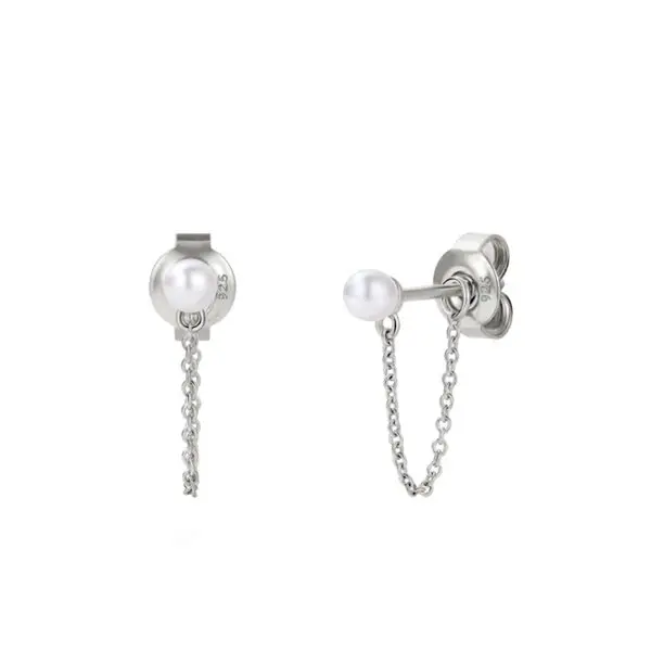 UNALOE Sterling Pearl Chain Drop Earrings – Contemporary Minimalist Jewelry - Silver
