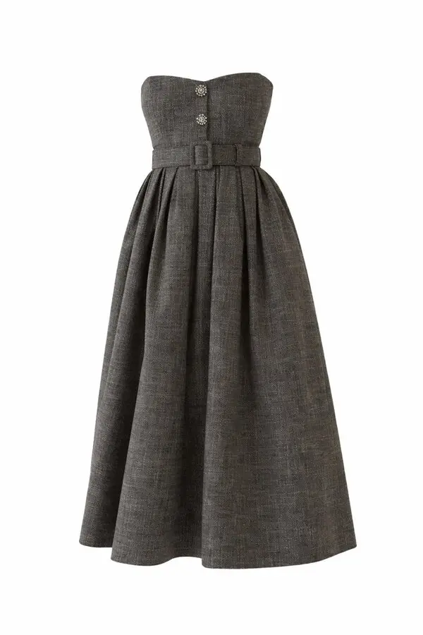 EXQUISE Arlan Dress Strapless Belted Pleated Midi Dress - Grey