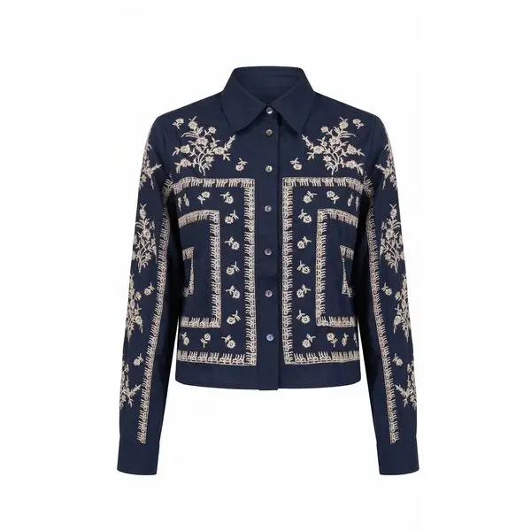 NOOKI DESIGN Sienna Embroidered Cropped Shirt In Dark Navy - Blue
