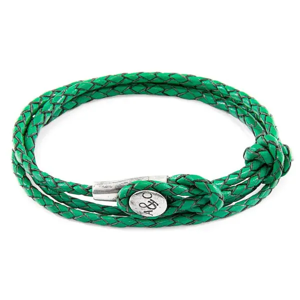 ANCHOR & CREW Silver / Green Fern Green Dundee Silver & Braided Leather Bracelet - Silver/green