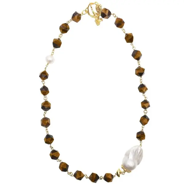 FARRA Tiger Eye Stones With Baroque Short Necklace