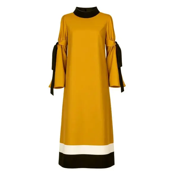 JULIA ALLERT Designer Straight Slit-sleeve Midi Dress – Mustard Black - Orange