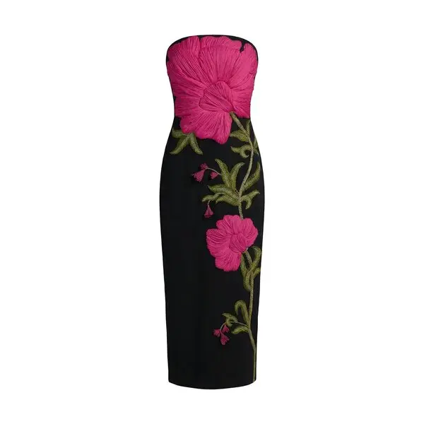 Mac Duggal Strapless Floral Embroidered Midi Dress