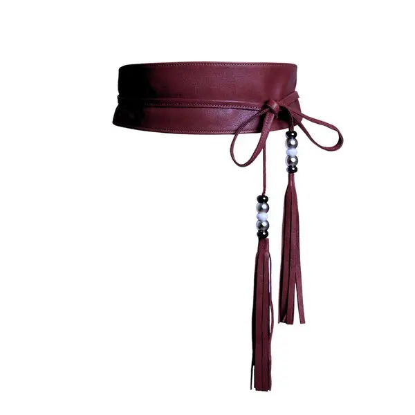 JUAN-JO Burgundy Leather Obi Belt With Long Tassels - Red