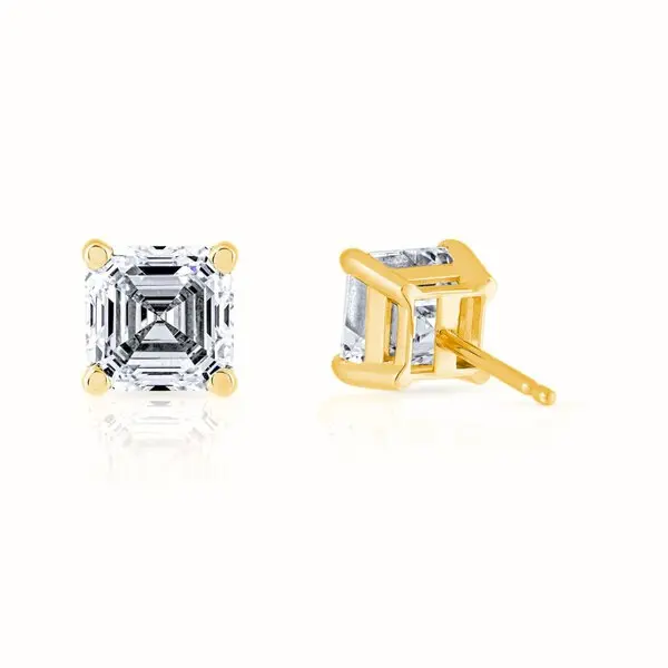 AVIR NEW YORK Solid Gold Asscher Lab Grown Diamond Two Carat Total Weight Stud Earrings - Yellow