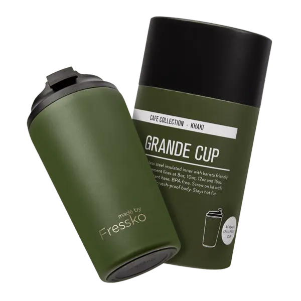 Fressko Grande 16oz / 475ml Reusable Coffee Cup, Stainless Steel Khaki - Green
