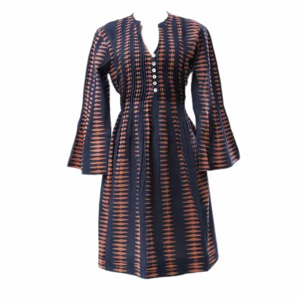 WILD ROSE Poa Dark Cotton Hand Block Print Dress - Blue
