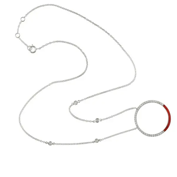 ARTISAN White / Red Diamond Circle Pendant Necklace With Red Enamel In 14k White Gold - White/red