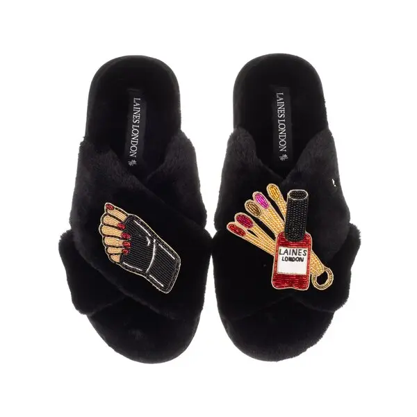 LAINES LONDON Classic Laines Slippers With Olive Nail Tech Brooches - Black