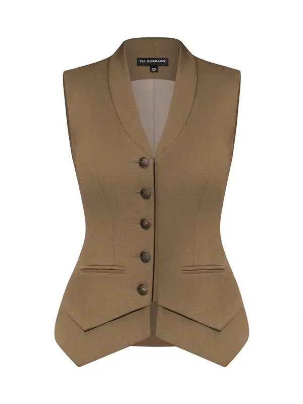 TIA DORRAINE Fitted Single-breasted Waistcoat In Linen Khaki - Green