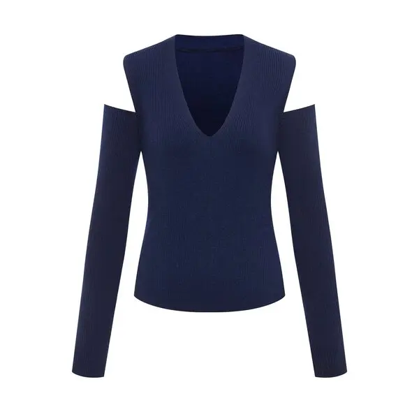 EMMA WALLACE Navy Ribbed Wool V-neck Cold Shoulder Long Sleeve Top - Blue