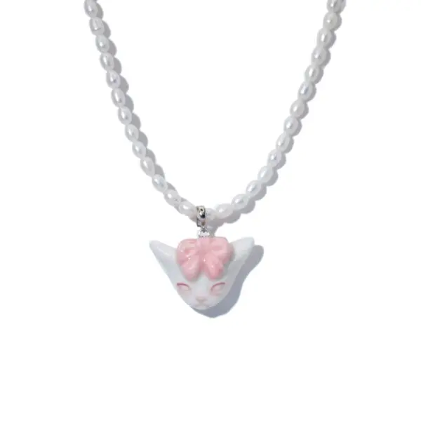 H2 STUDIO Angry Puss Bowtie Freshwater Pearl Necklace - Pink