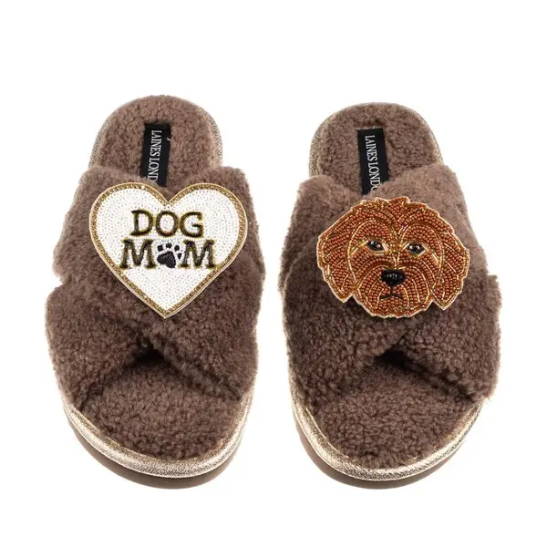 LAINES LONDON Neutrals Boucle Slippers With Dog Mum/mom & Apricot Cockapoo Brooches Mink - Brown