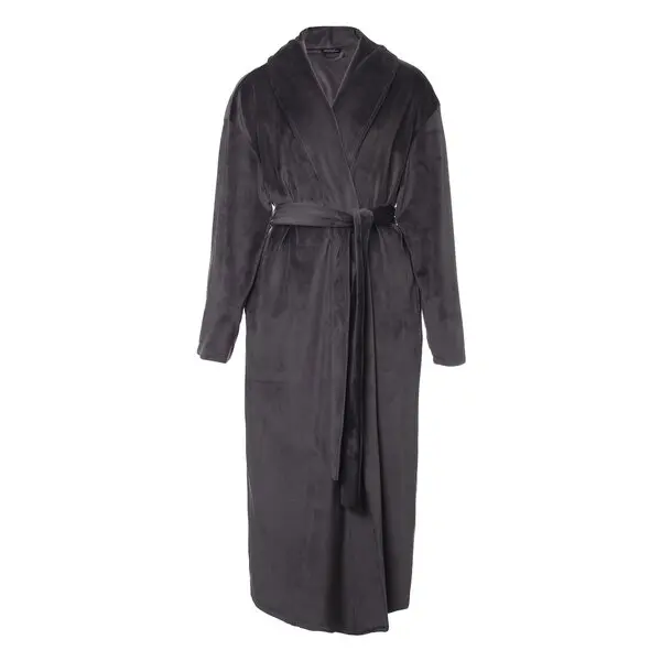 PRETTY YOU Velour Longline Robe In Raven - Black