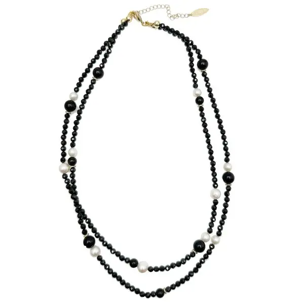 FARRA Classic Obsidian With White Freshwater Pearls Double Layers Necklace - Black
