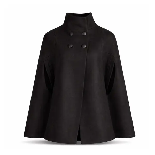 NIKKA PLACE Wool Military Pea Coat With Front Buttons & High Neck - Black