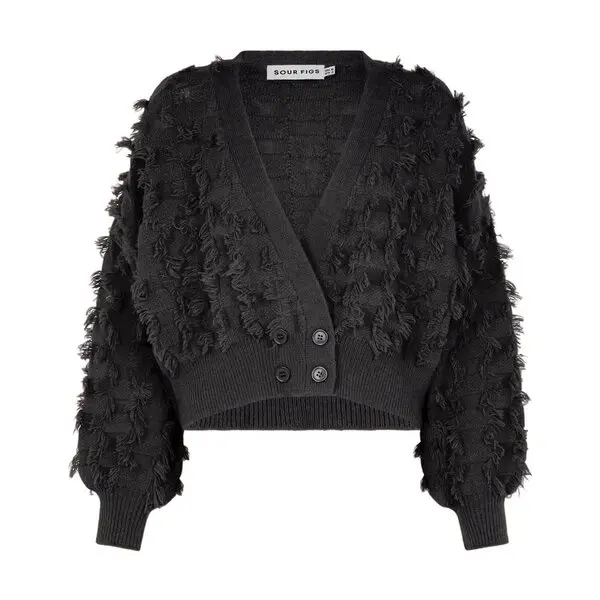 SOUR FIGS Fringed Checkerboard Cardigan - Black