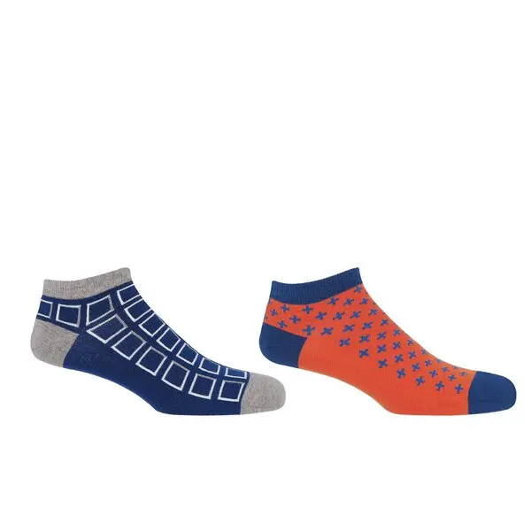 PEPER HAROW - MADE IN ENGLAND Crosslet Orange & Cube Blue Trainer Socks Bundle - Blue/orange