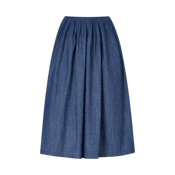 YUMI Denim Chambray Gathered Midi Skirt - Blue