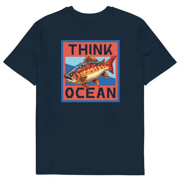 ANCHOR & CREW Navy Think Ocean Fish Pixel Art Organic Cotton T-shirt - Blue