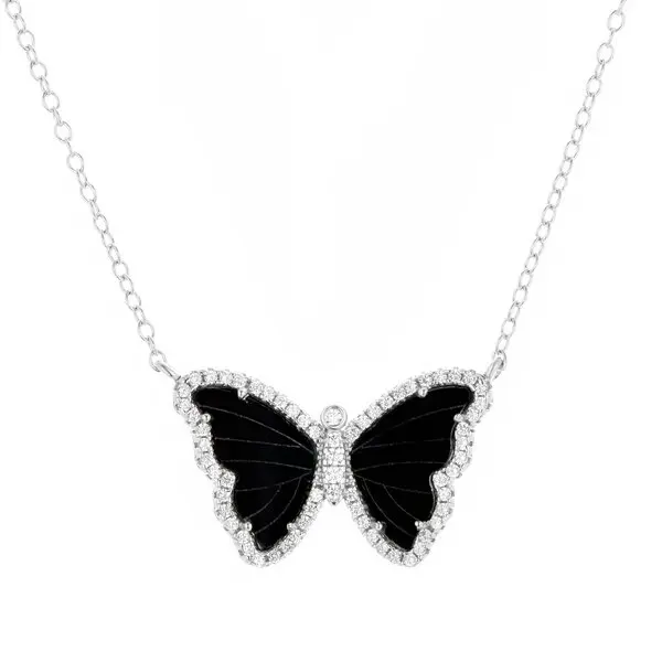 KAMARIA Black Onyx Butterfly Necklace With Crystals - Silver