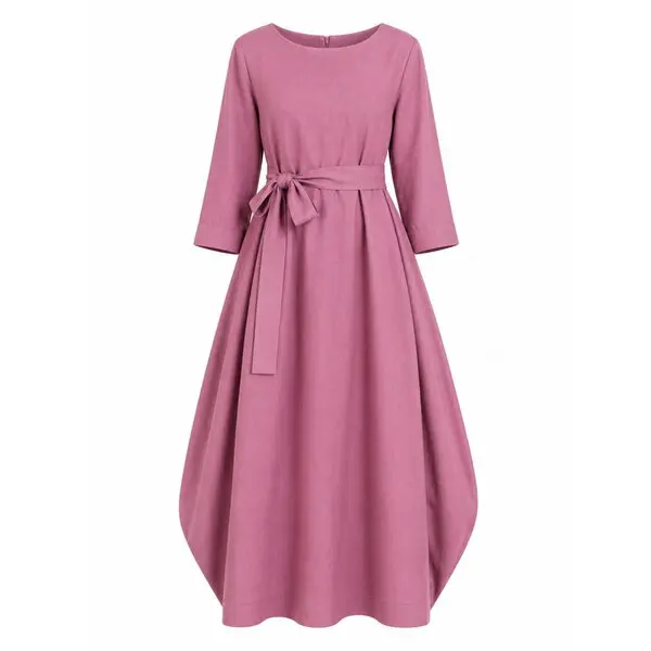 NIKKA PLACE Oversized Linen Maxi Dress With Belt And Bracelet Sleeves In Dark Rose Color - Pink