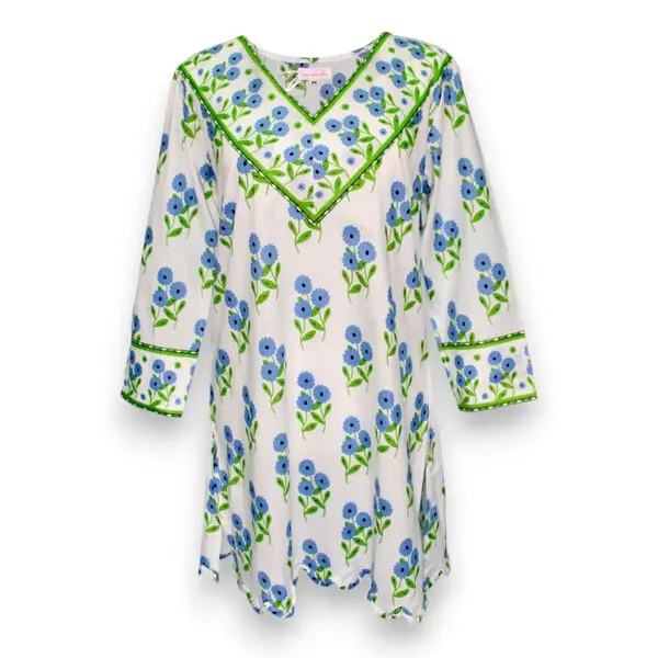 MARY MARSHMALLOW V-neck Scallop Tunic Bunch Of Daisies Periwinkle - Blue
