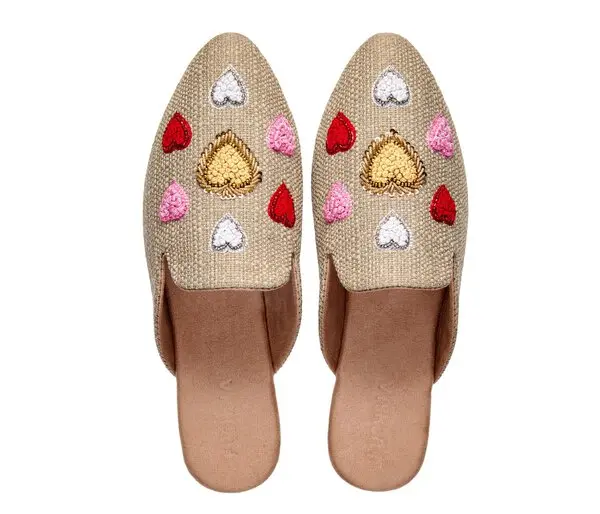 FUCHSIA SHOES Neutrals Little Love Handmade Hearts Embroidered Jute Mules Natural - Pink