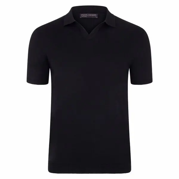 PAUL JAMES KNITWEAR Ultra Fine Cotton Nathann Buttonless Polo Shirt - Black