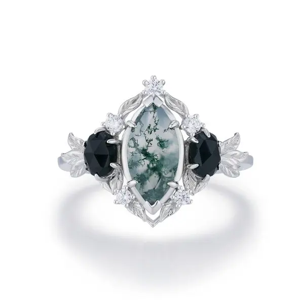 AZURA JEWELRY NEW YORK Noctis Moss Agate Black Onyx Ring White Gold Vermeil - Silver