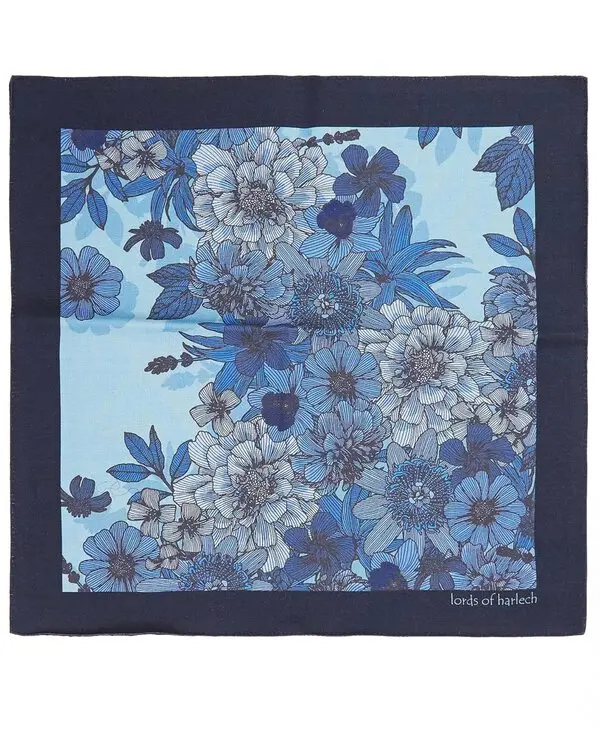 LORDS OF HARLECH Hudson Valencia Floral Merino Handkerchief Pocket Square Teal - Blue