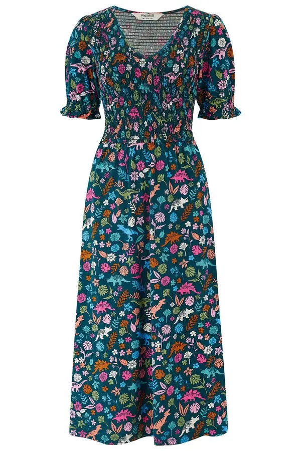SUGARHILL BRIGHTON Daphne Shirred Jersey Midi Dress Teal, Multi, Hidden Dinosaur - Blue