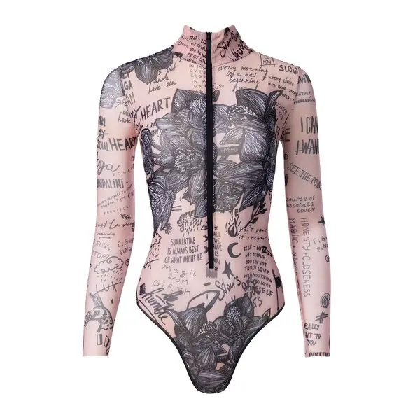 RODA SMARTSWIMWEAR Neutrals / Tan-through Mesh One-piece Zipper Swimsuit With Sleeves Nude Body-art Quick Dry - Black