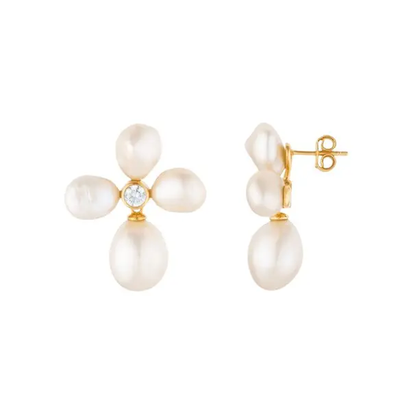 LULU B LONDON Pearl Flower Stud Drop Earrings With Cubic Zirconia - Gold