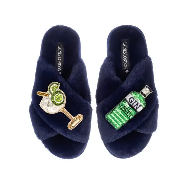LAINES LONDON Classic Slippers With Gin & Glass Brooches - Blue