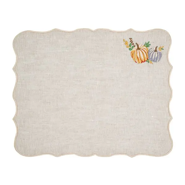 KM HOME COLLECTION Neutrals Set Of Two Pumpkin Embroidery Halloween Linen Placemat - Orange