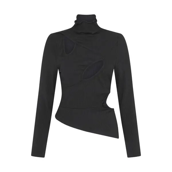 SOUR FIGS Asymmetric Cutout Stretch Knit Top - Black