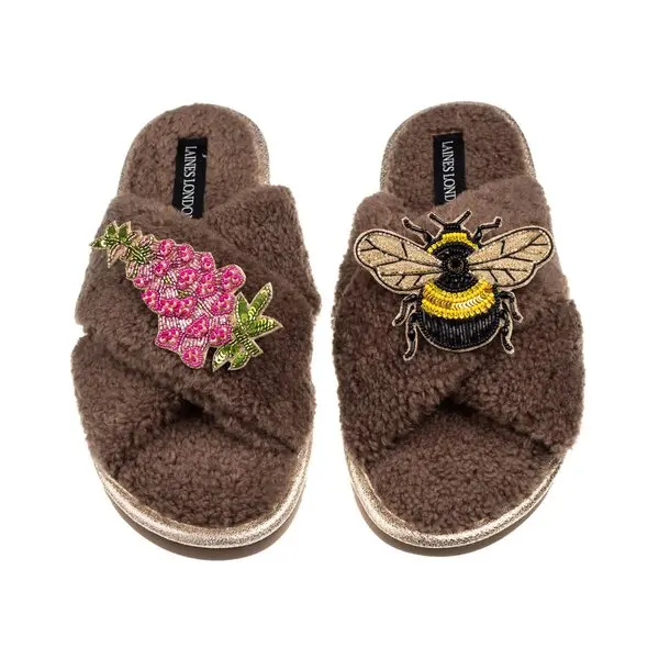LAINES LONDON Neutrals Laines Neutral Boucle Slippers With Honeybee & Pink Foxglove Flower Brooches Mink - Brown