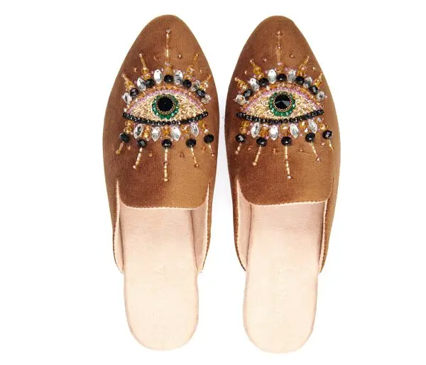 FUCHSIA SHOES The Good Eye Vegan Handmade Crystal Embroidery Mules - Brown