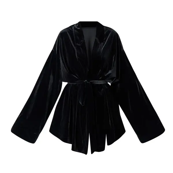 LIA ARAM Velvet Belted Wrap Blazer - Black