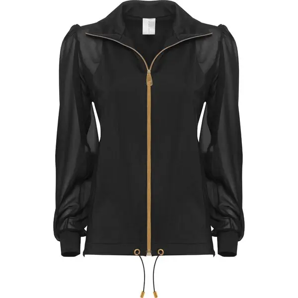 ANTONINIAS Elegant Panacea Tracksuit Jacket With Golden Details And Chiffon Sleeves - Black