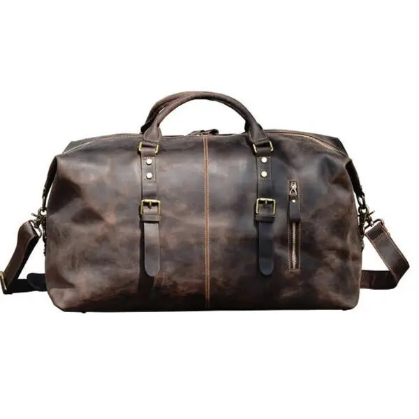 TOURI Zip Detail Genuine Leather Holdall Weekender - Brown