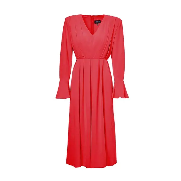 BLUZAT Midi Dress With Pleats And Proeminent Shoulders - Red