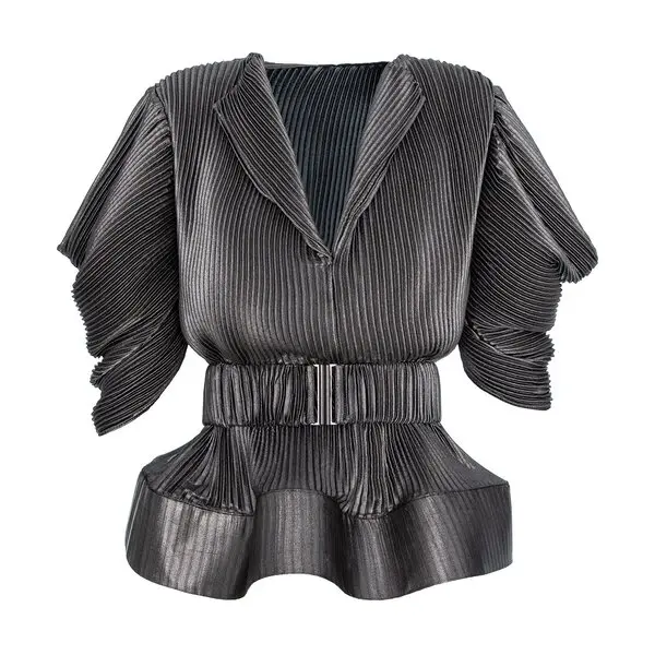 SILVIA SERBAN V-neck Pleated Voile Blouse
