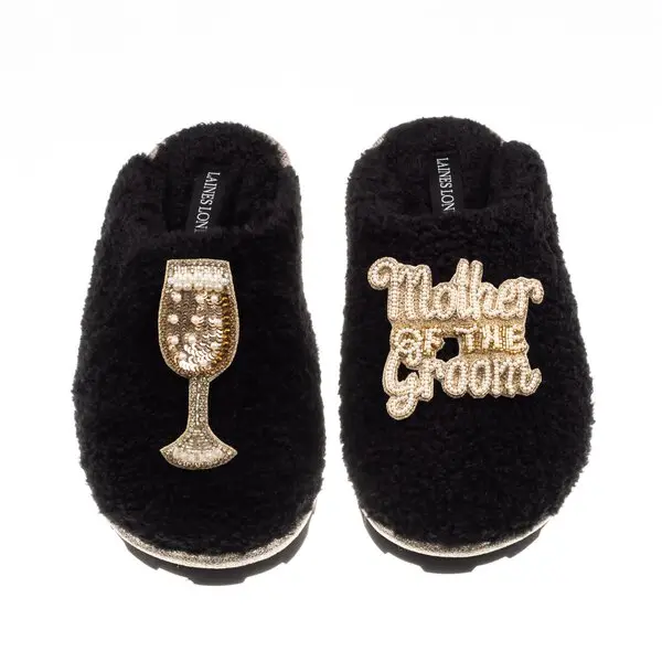 LAINES LONDON Teddy Closed Toe Slippers With Mother Of The Groom Brooches - Black