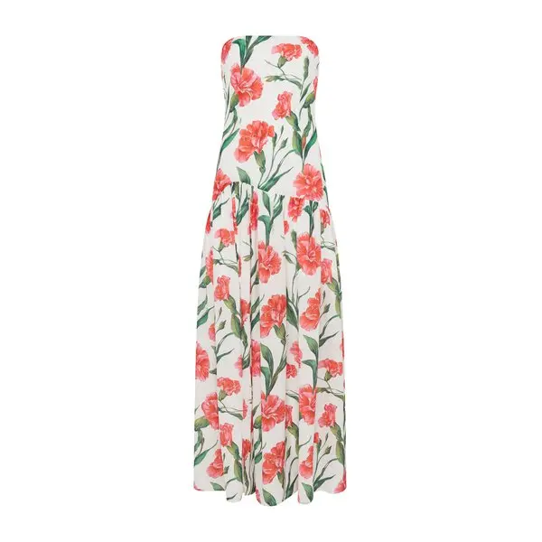 SOUR FIGS White / Red Carnation Print Strapless Drop-waist Maxi Dress In Porcelain White - White/red