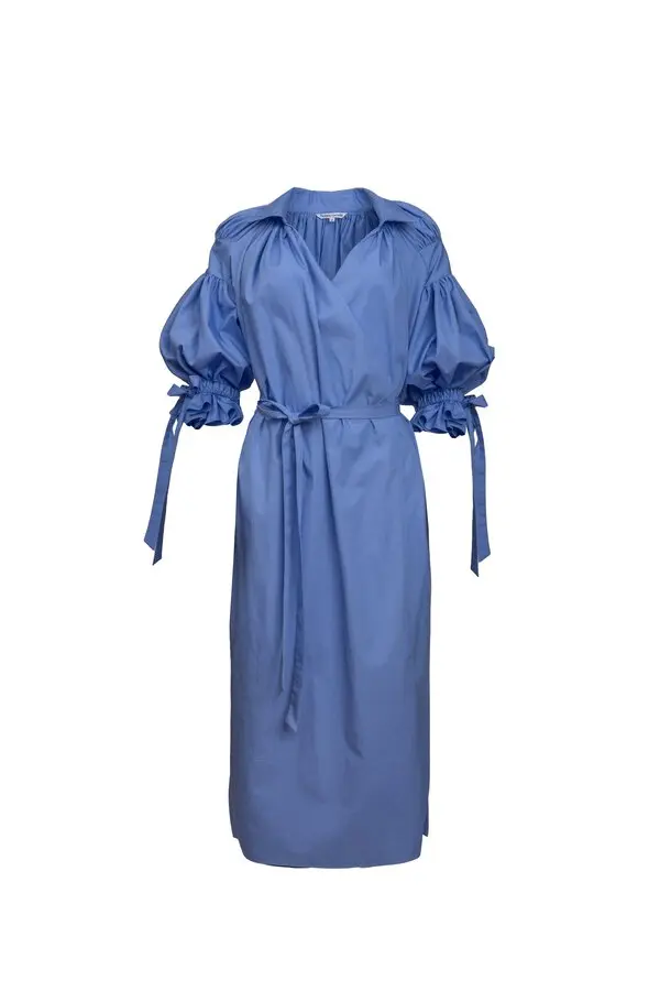 HELENE GALWAS Ina Cotton Wrap Dress - Blue